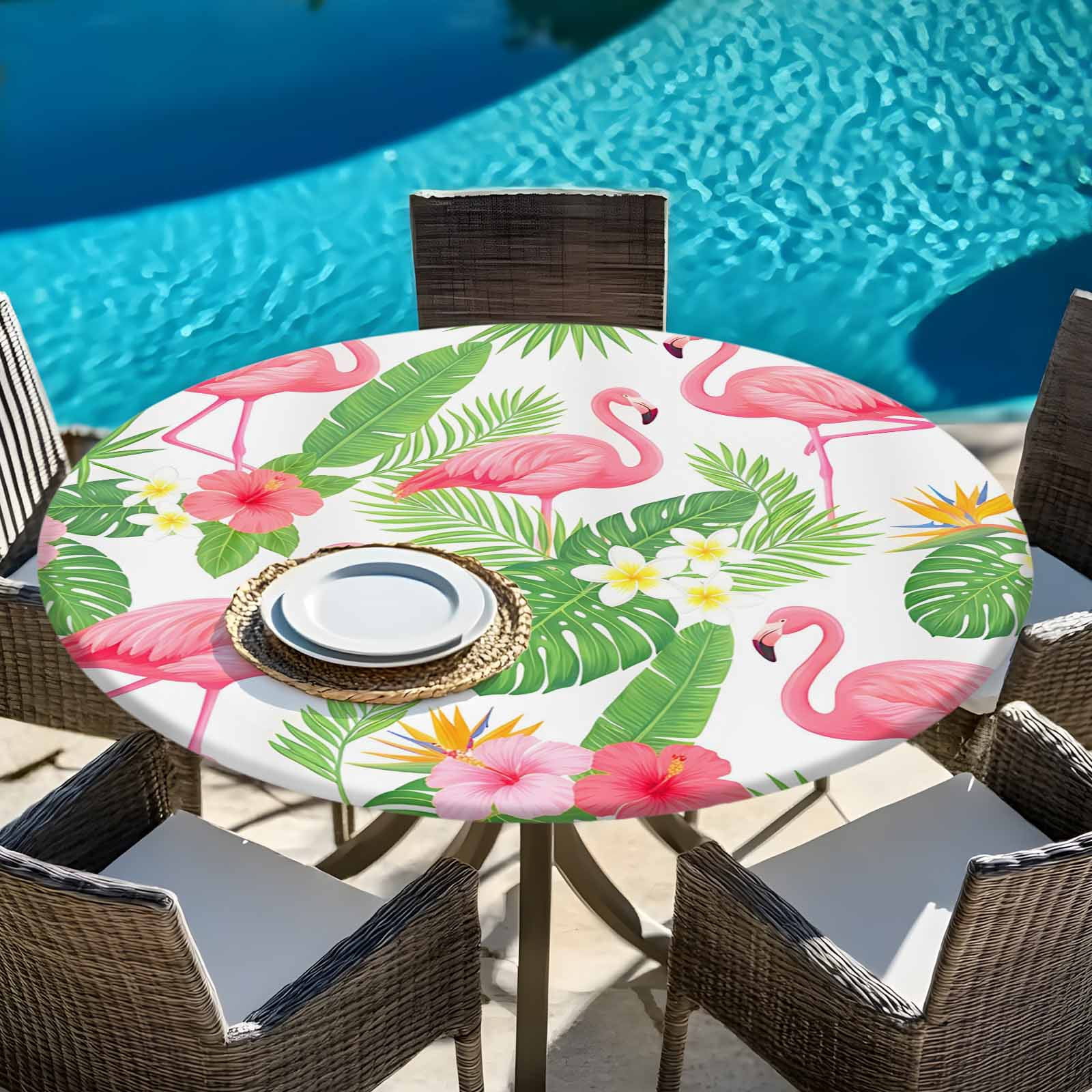 Cute Flamingo Tropical Leaves Round Fitted Tablecloth with Elastic Edge ...