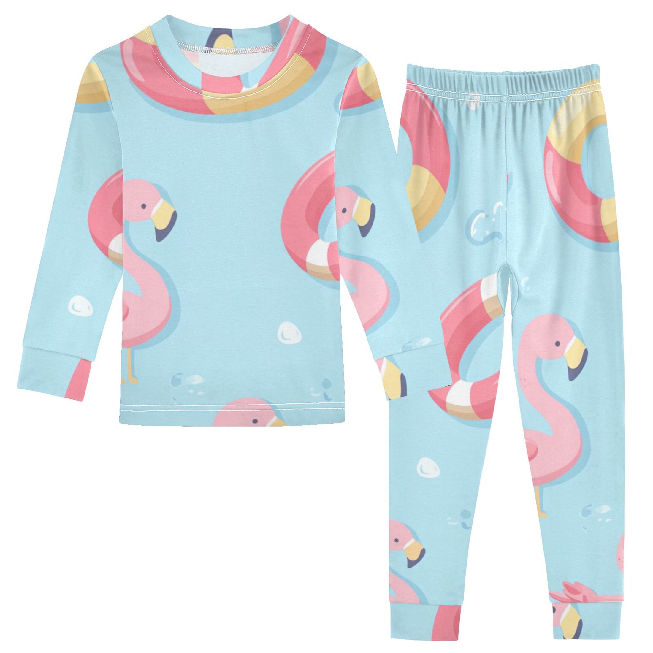 Cute Flamingos Swim Circles Balls Cotton Pajama Set Long Sleeve Top and ...