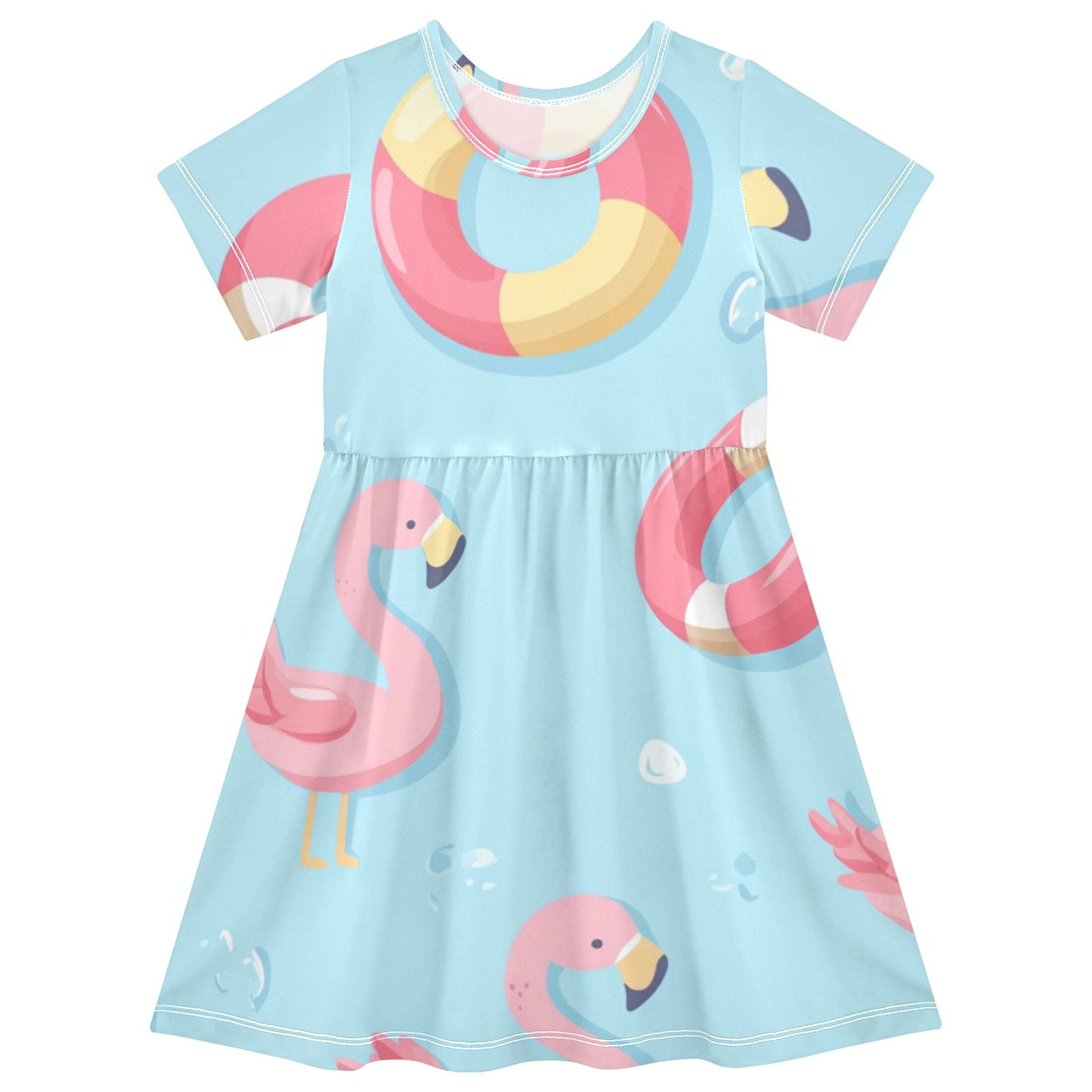 Cute Flamingos Swim Circles Balls Girls' Short Sleeve Dress A-Line One ...