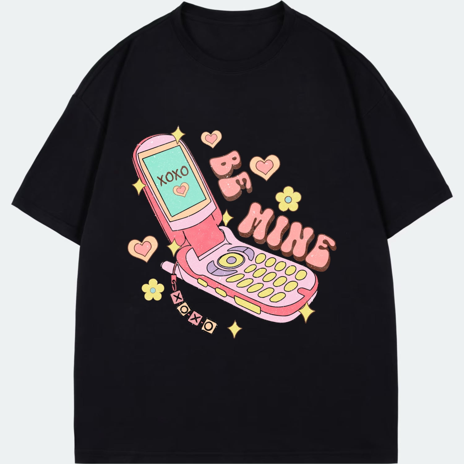 Cute Flip Phone Graphic T-Shirt Black Koko Mine Heart Flower Design For ...