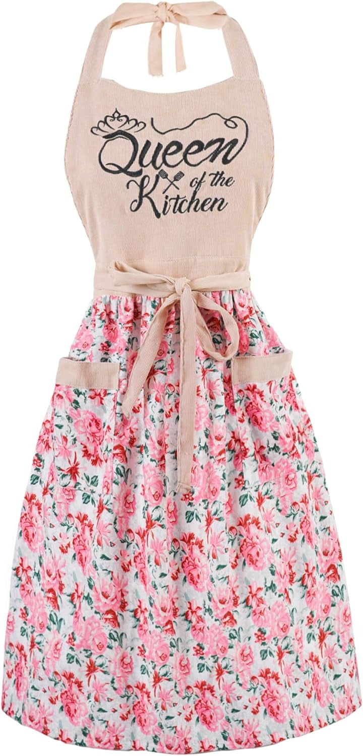 Cute Floral Aprons for Women with Pockets,Cotton Adjustable Neck Strap ...
