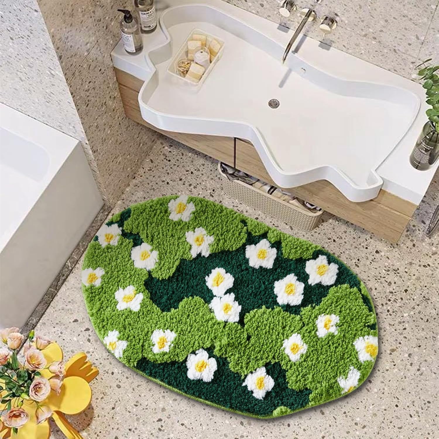 Cute Floral Bath Mat Microfiber Grass Bathroom Rug 16''W x 24''L Non ...