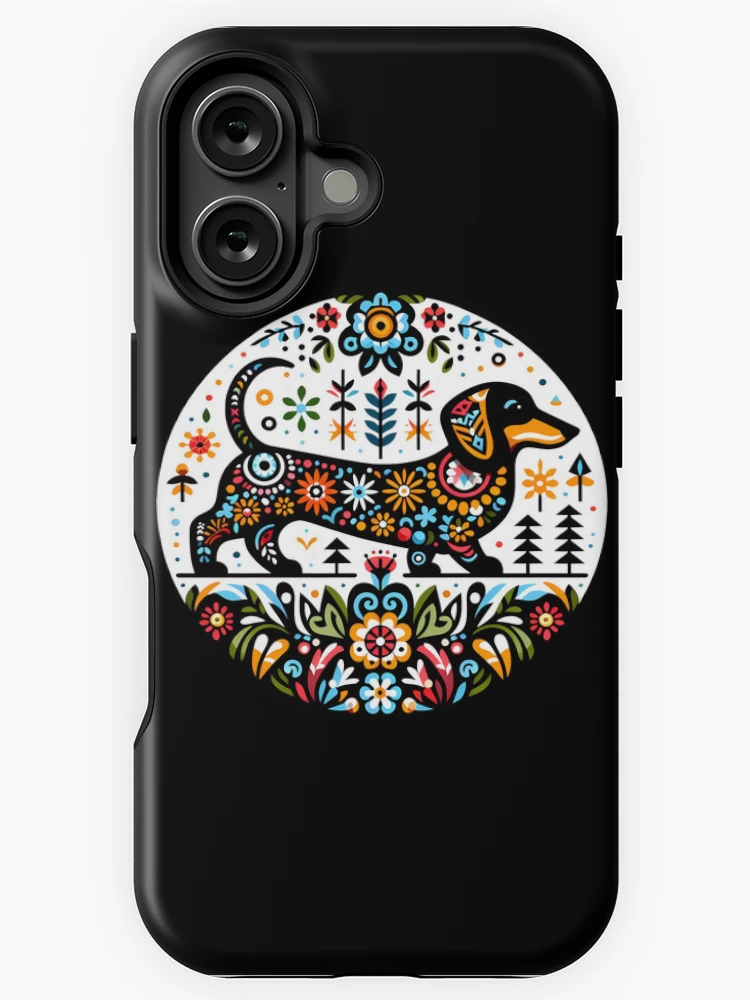 Cute Floral Folk Dachshund Dog iPhone Case with iPhone 11 to 16 Pro Max ...