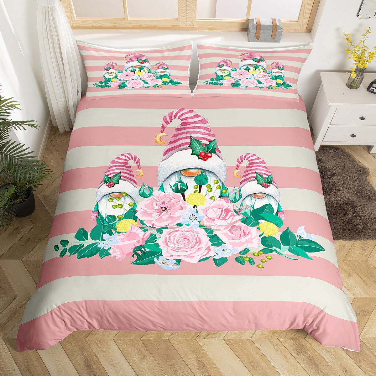 Cute Floral Gnomes Bedding Set Twin,Watercolor Pink Rose Flowers Duvet ...