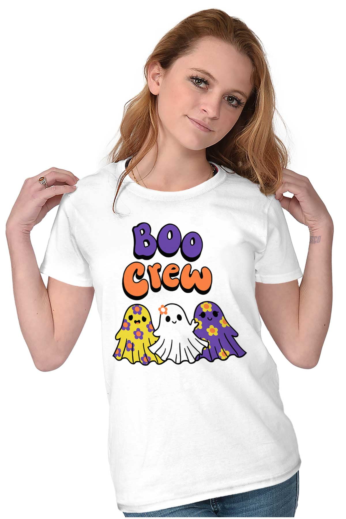 Cute Floral Hippie Ghosts Boo Crew Womens Slim Fit Graphic Tee Brisco ...