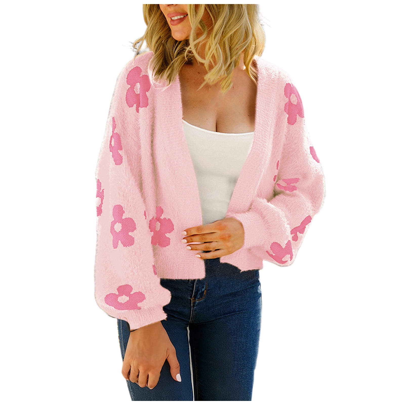 Cute Flower Cardigan Sweaters for Women Lantern Long Sleeve Open Front ...