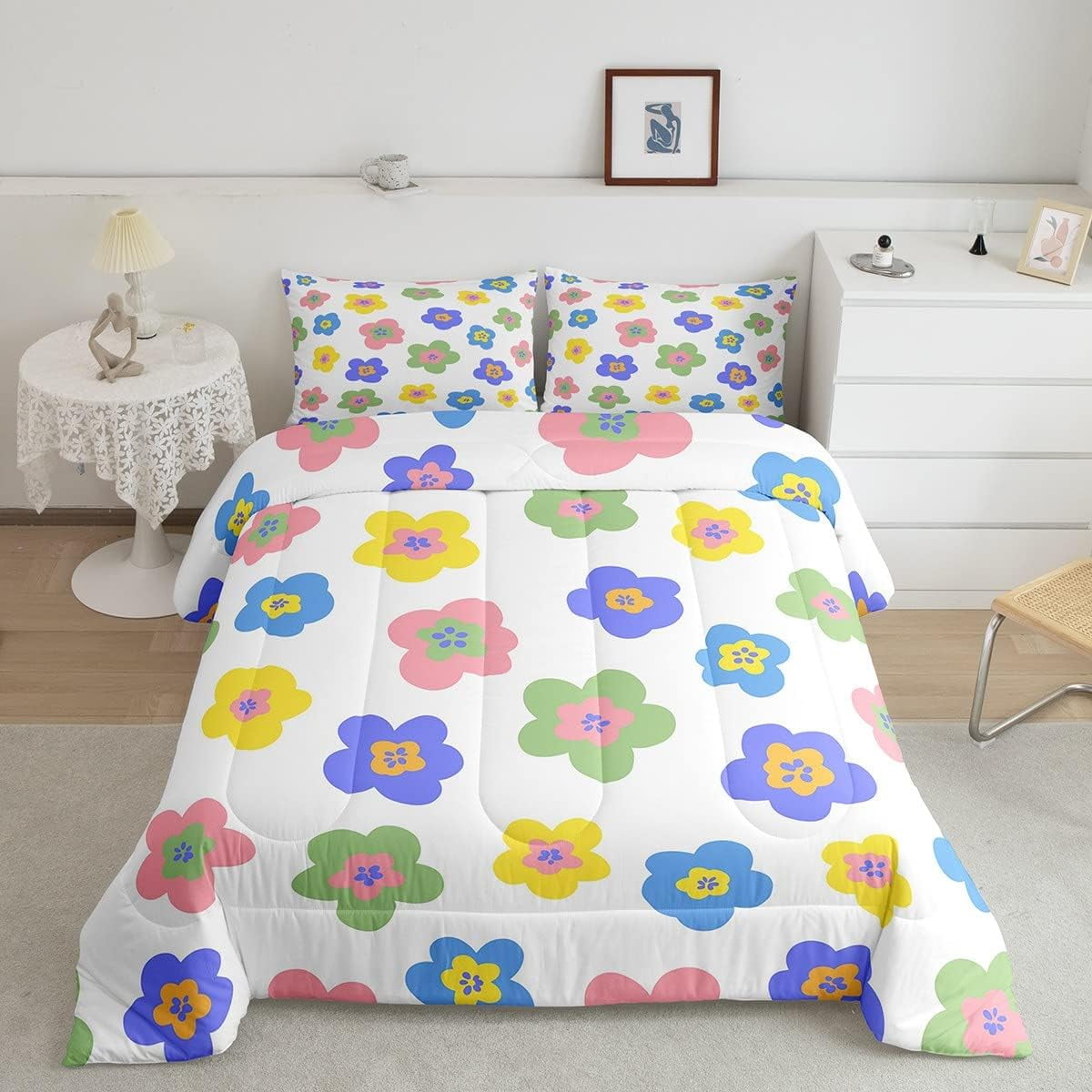 Cute Flower Comforter Set Women.Colorful Cartoon Funky Flowers Bedding ...