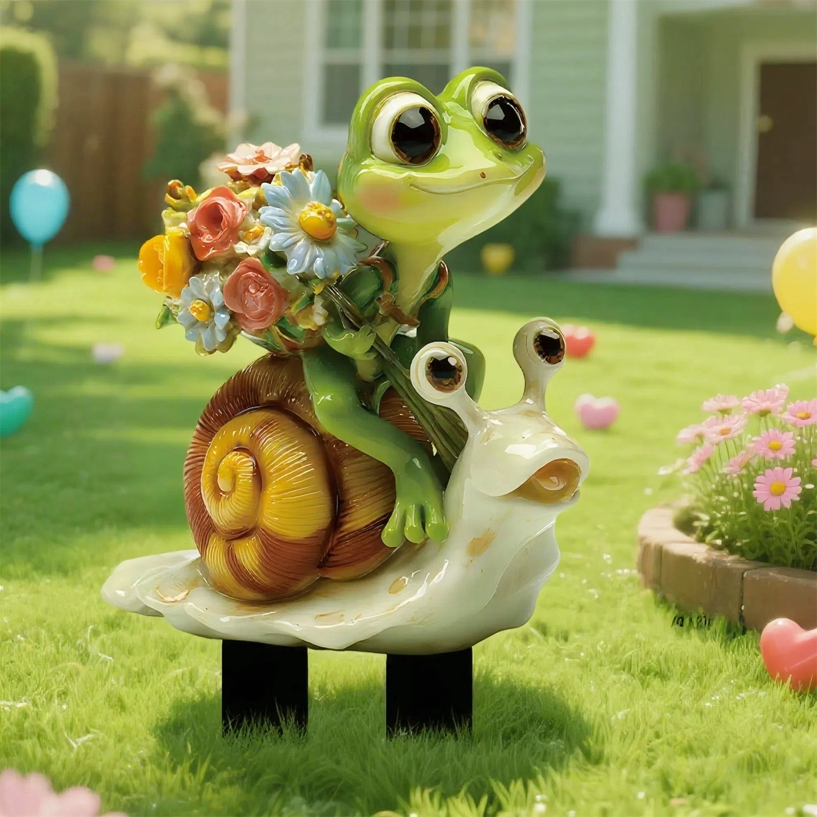 Cute Flower Garden Frog Figurines, - Holding Frog Garden Stake - Whimsical Frog Holding Flowers ...