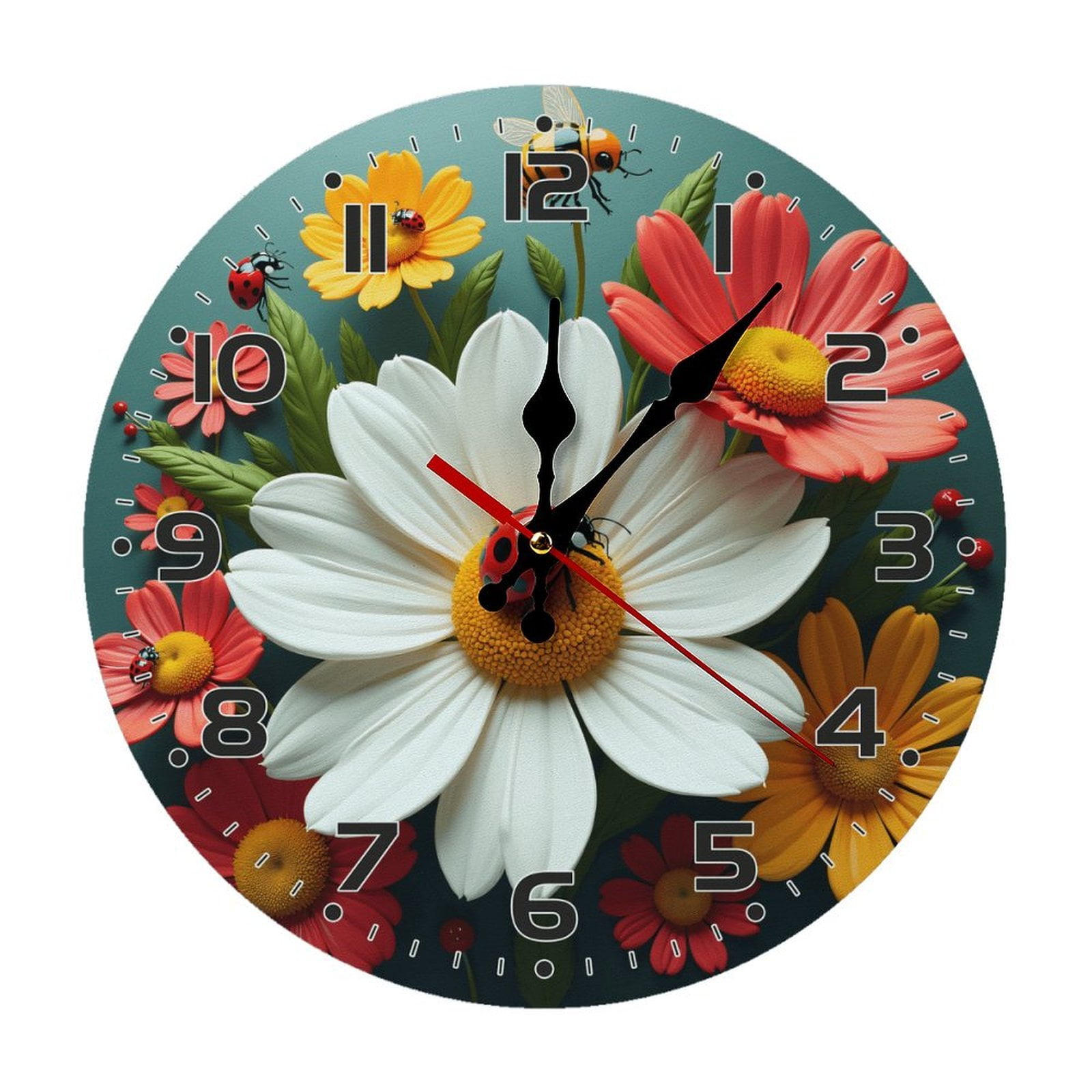 Cute Flower Insect Wall Clock 10 Inch Silent Non Ticking Round Clock ...