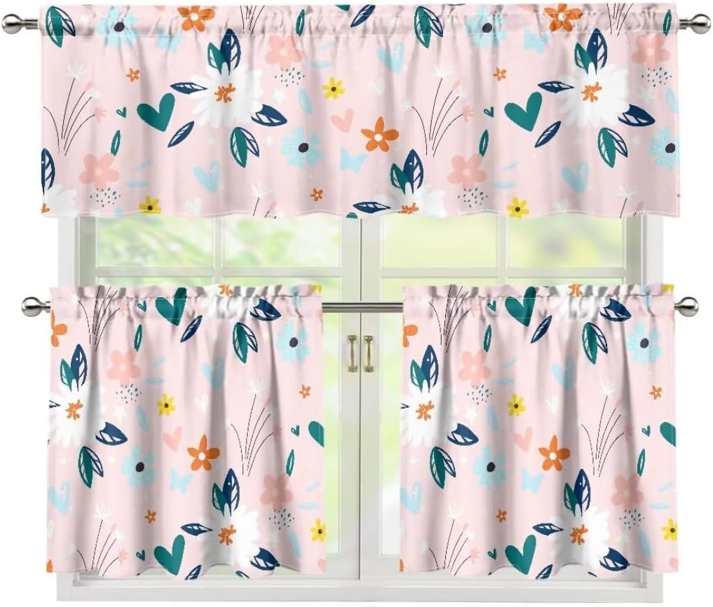 Cute Flower Kitchen Curtain Valance Set Long Tiers Curtain Cafe Curtain ...