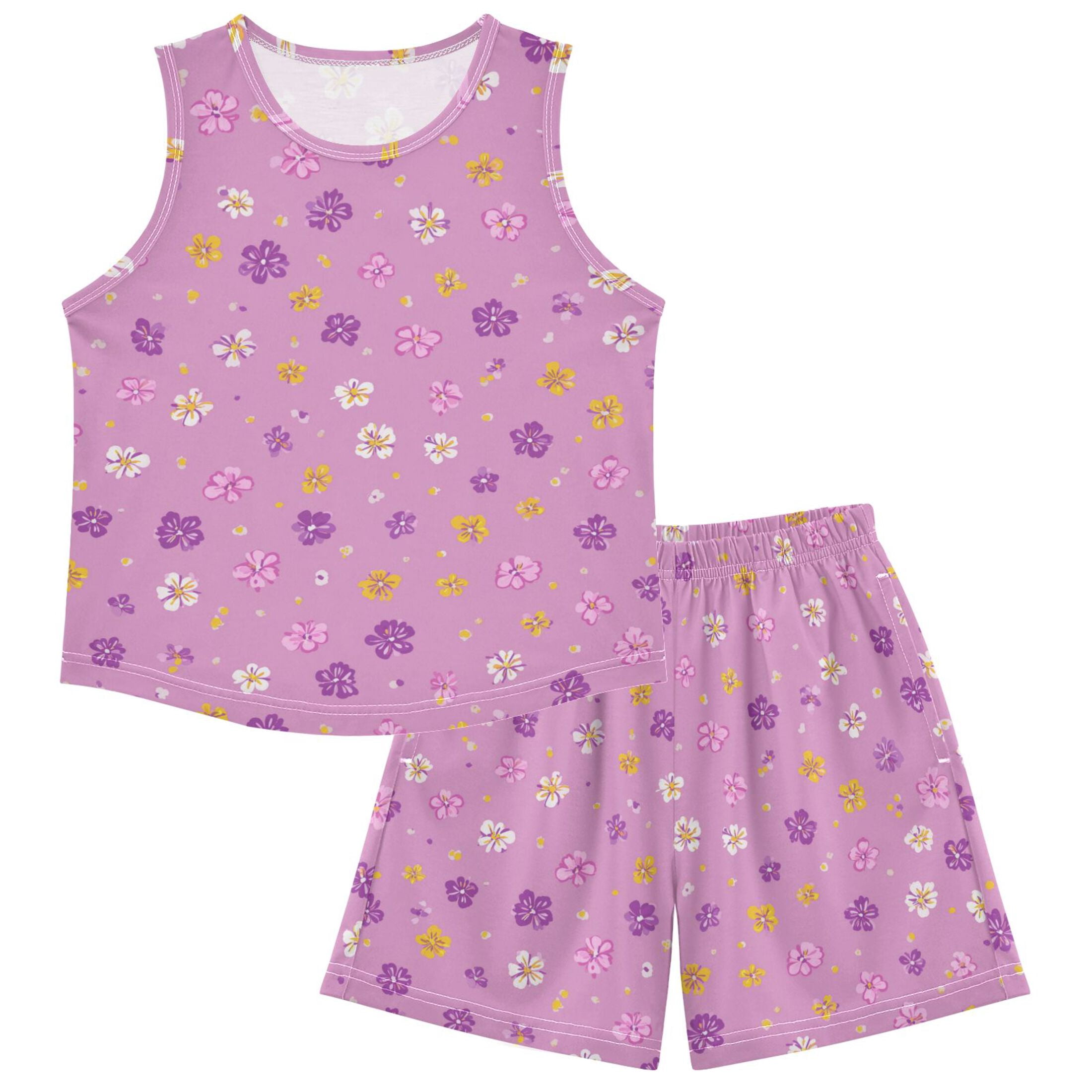 Cute Flowers with Pink Purple White Yellow Pajamas Set Sleeveless ...