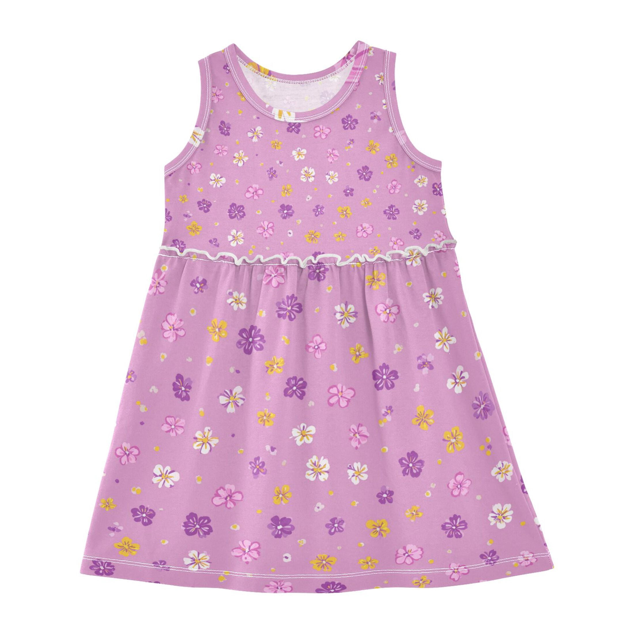 Cute Flowers with Pink Purple White Yellow Sleeveless Dress A-Line One ...