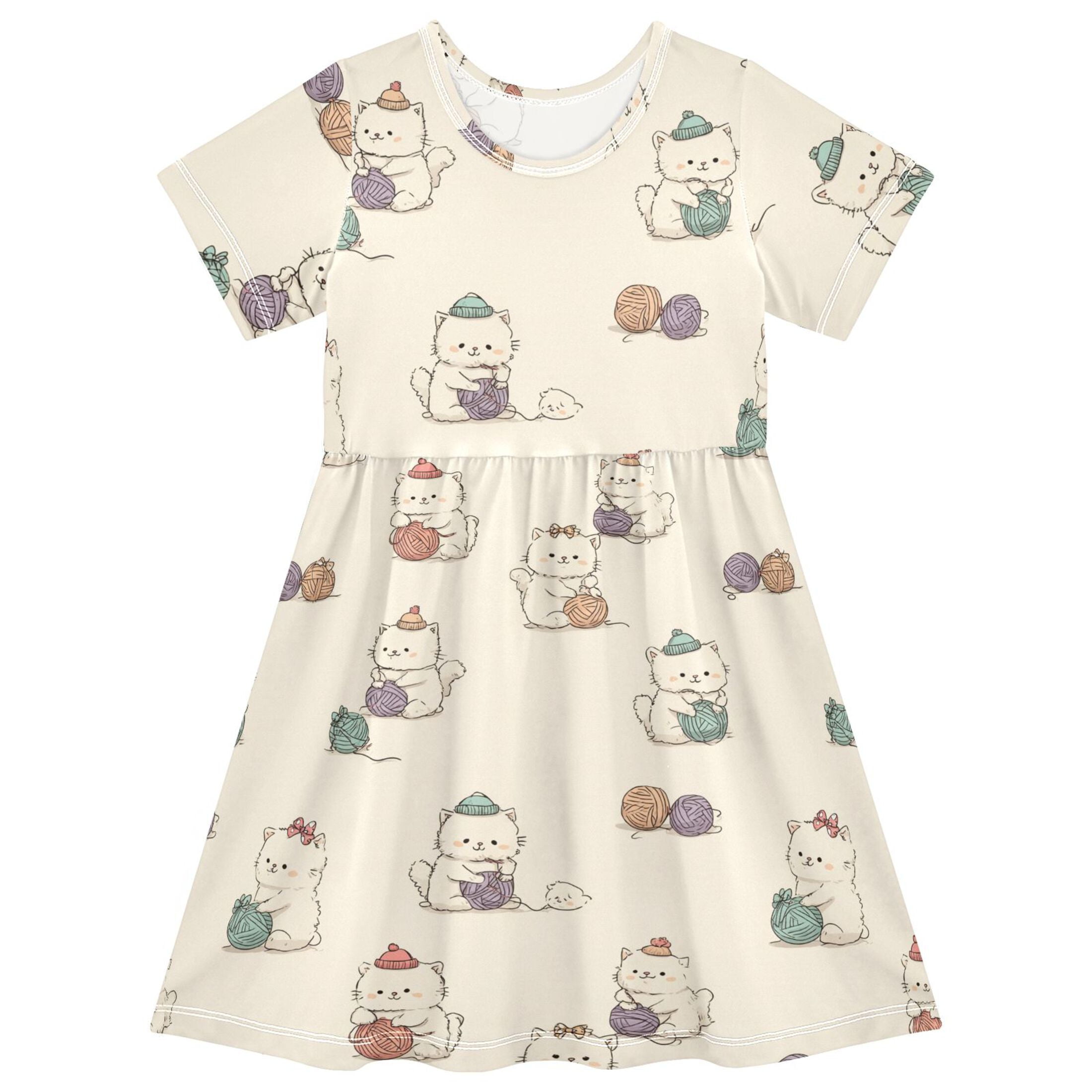Cute Fluffy Cartoon Cats Short Sleeve Dress A-Line Cute Midi Casual ...