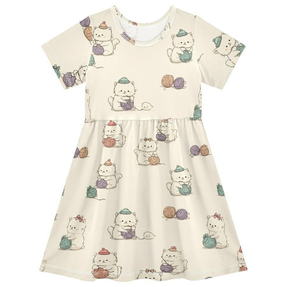 Cute Fluffy Cartoon Cats Short Sleeve Dress A-Line Cute Midi Casual ...