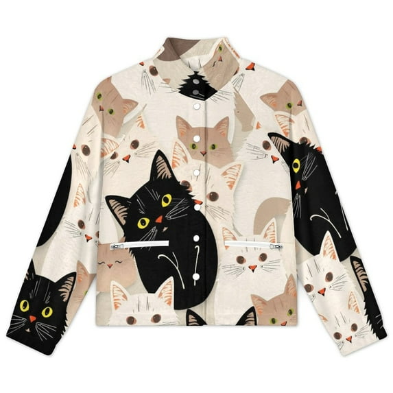 Cute Fluffy Cats Warm Women's Plush Jacket Stand Collar Full Sleeve ...