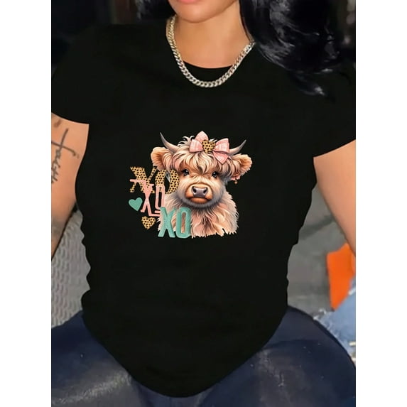 Cute Fluffy Cow Valentine's Day XOXO Women Short Sleeve Casual Graphic ...