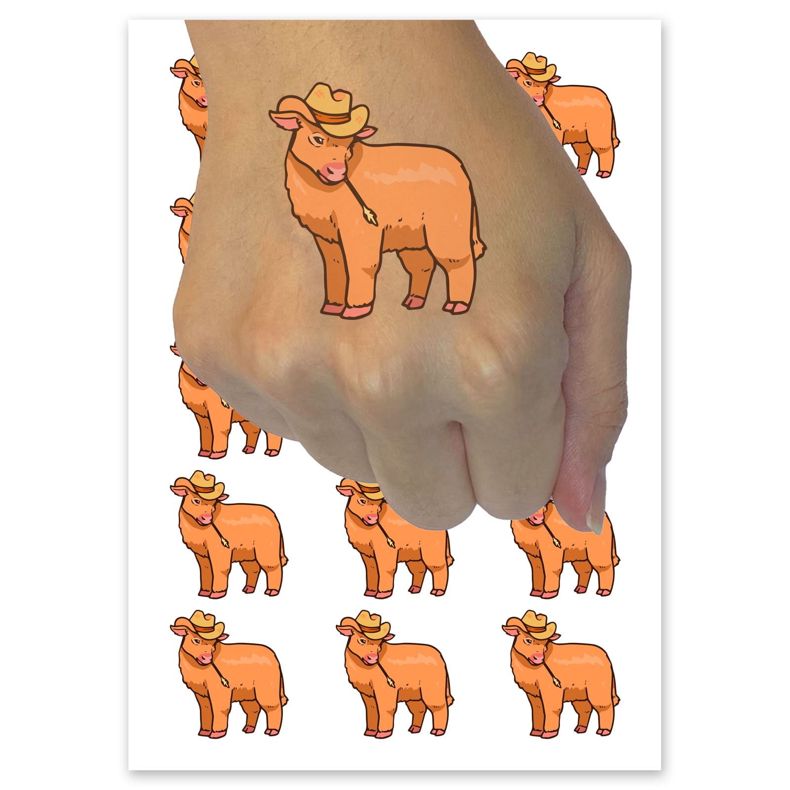 Cute Fluffy Cow with Cowboy Hat Calf Temporary Tattoo Water Resistant ...