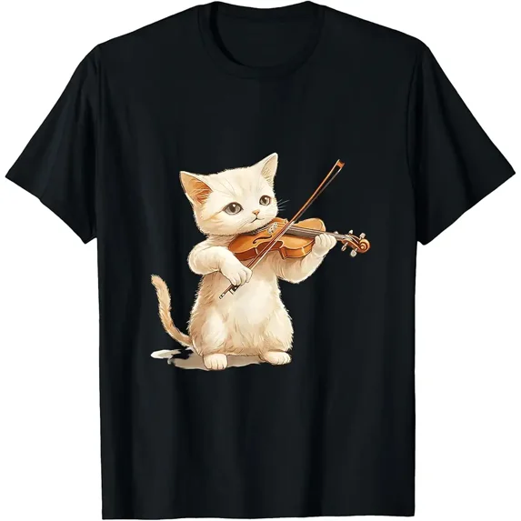 Cute Fluffy Kitten Playing Violin Graphic Unisex Short Sleeve T-Shirt ...