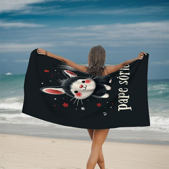 Cute Fluffy Rabbit Beach Towel - Whimsical Black & White Design with ...