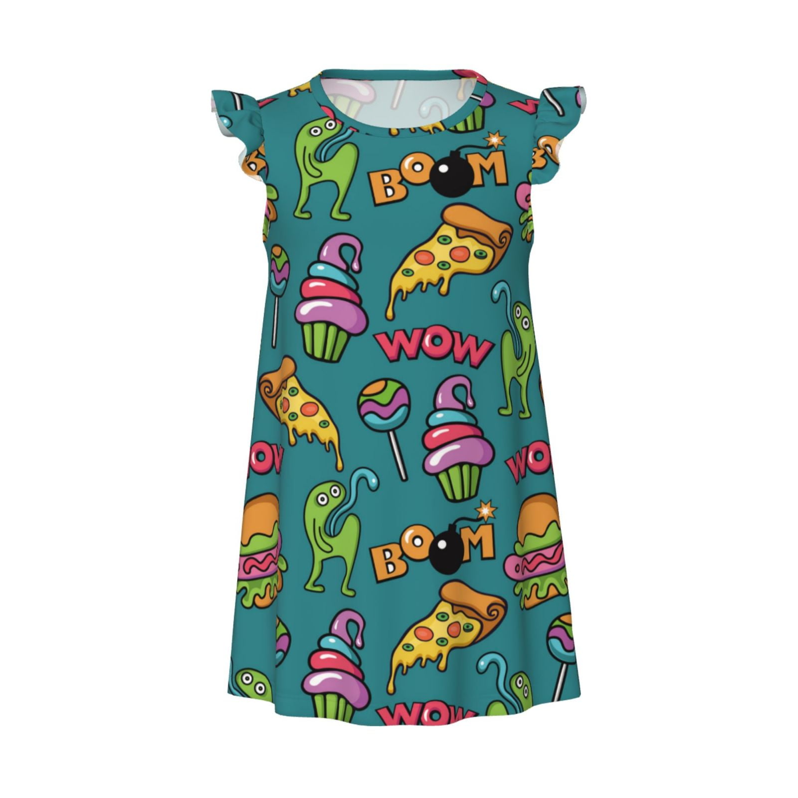 Cute Food Lollipop Pizza Fries Girls Nightgowns, Flutter Sleeve Pajamas ...