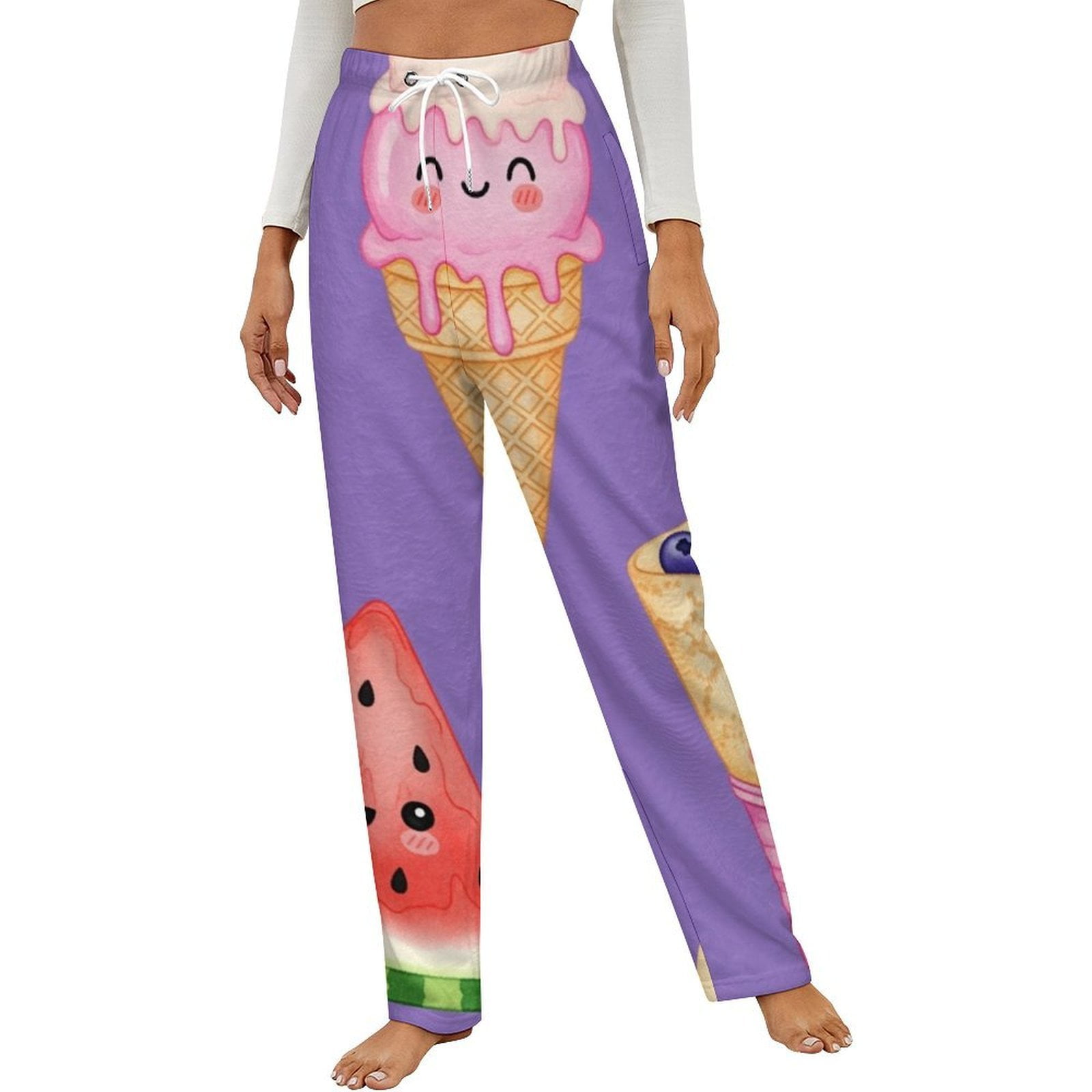 Cute Food Pattern Print Winter Female Pants Flannel High Waist Women ...