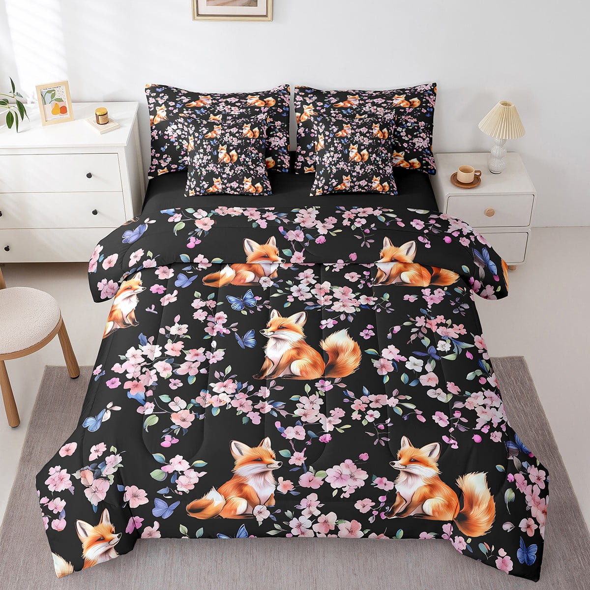 Cute Fox Animal Bed In A Bag,Woodland Wildlife Bedding Set Pink Cherry ...