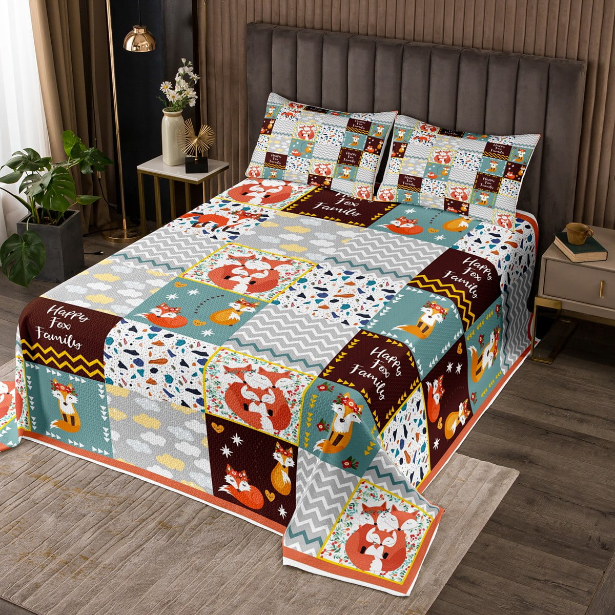 Cute Fox Coverlet Set Queen Size,Wild Jungle Animals Quilt Set Cartoon ...