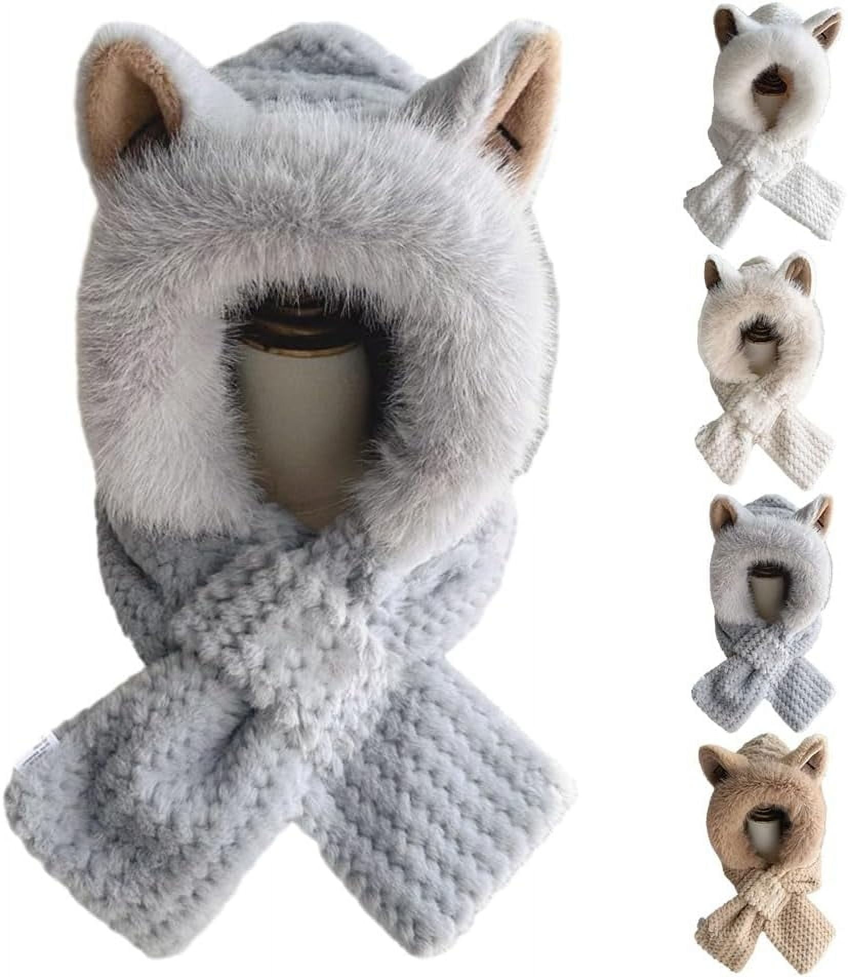 Cute Fox Ears 2-in-1 Hat and Scarf, Integrated Ear Protection Windproof ...