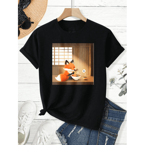 Cute Fox Eating Noodles Graphic T-Shirt, Funny Cartoon Animal Short ...