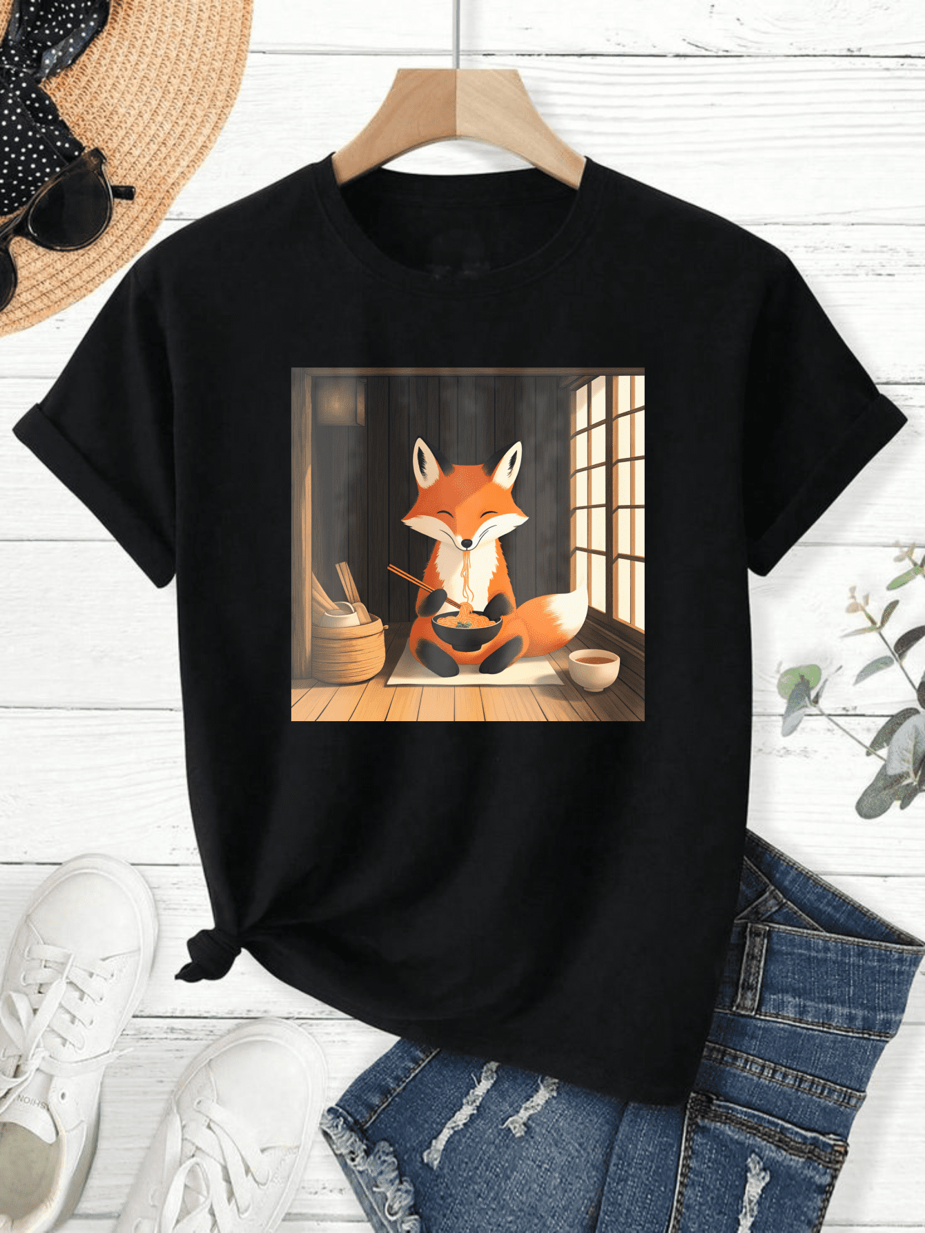 Cute Fox Eating Noodles Graphic T-Shirt, Funny Cartoon Animal Short ...