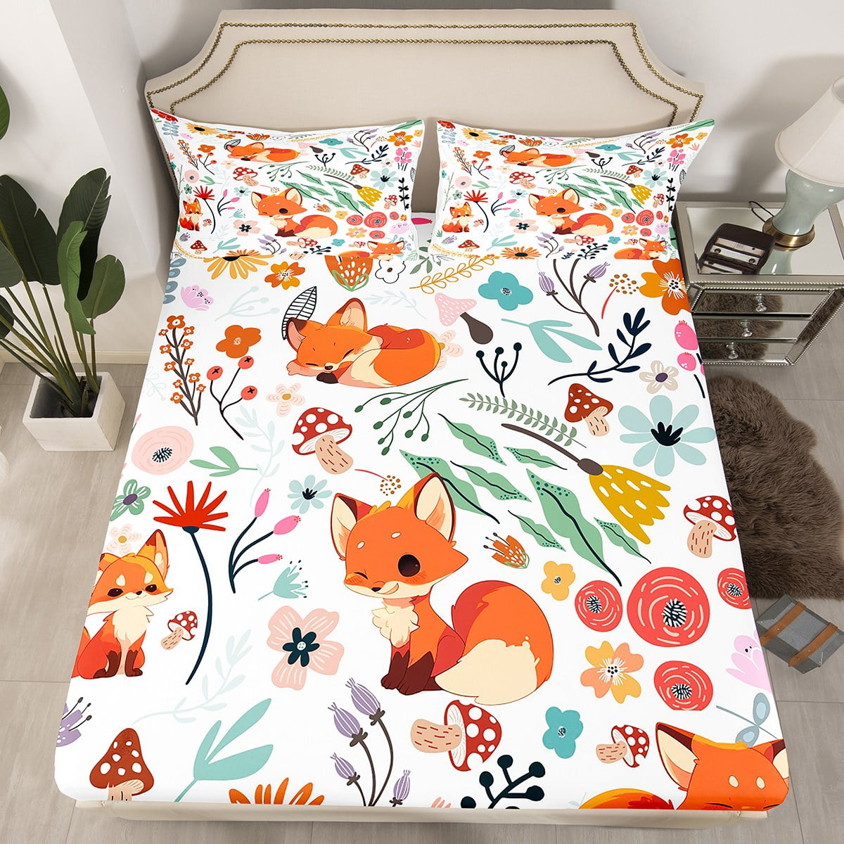 Cute Fox Full Bed Sheets,Mushroom Floral Sheets Cartoon Animal Fitted ...