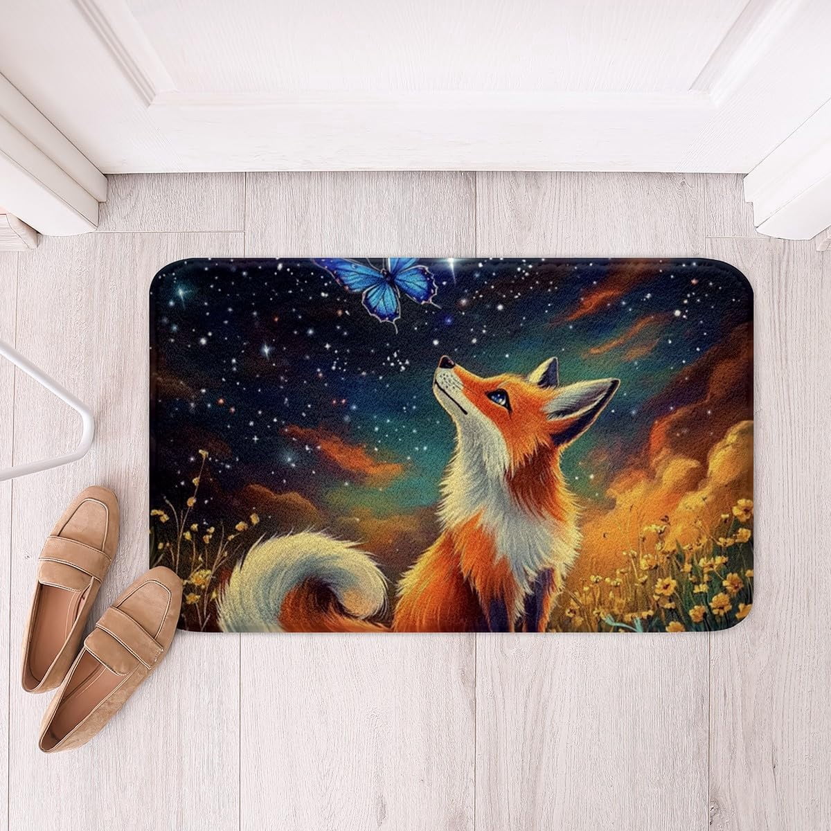 Cute Fox Galaxy Butterfly Non Slip Polyester Bath Rug Soft Fleece ...