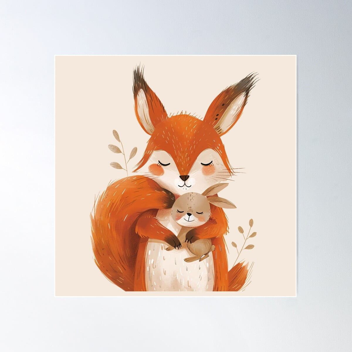 Cute Fox Hugging Bunny Illustration Poster Wall Art, Modern Wall Decor ...