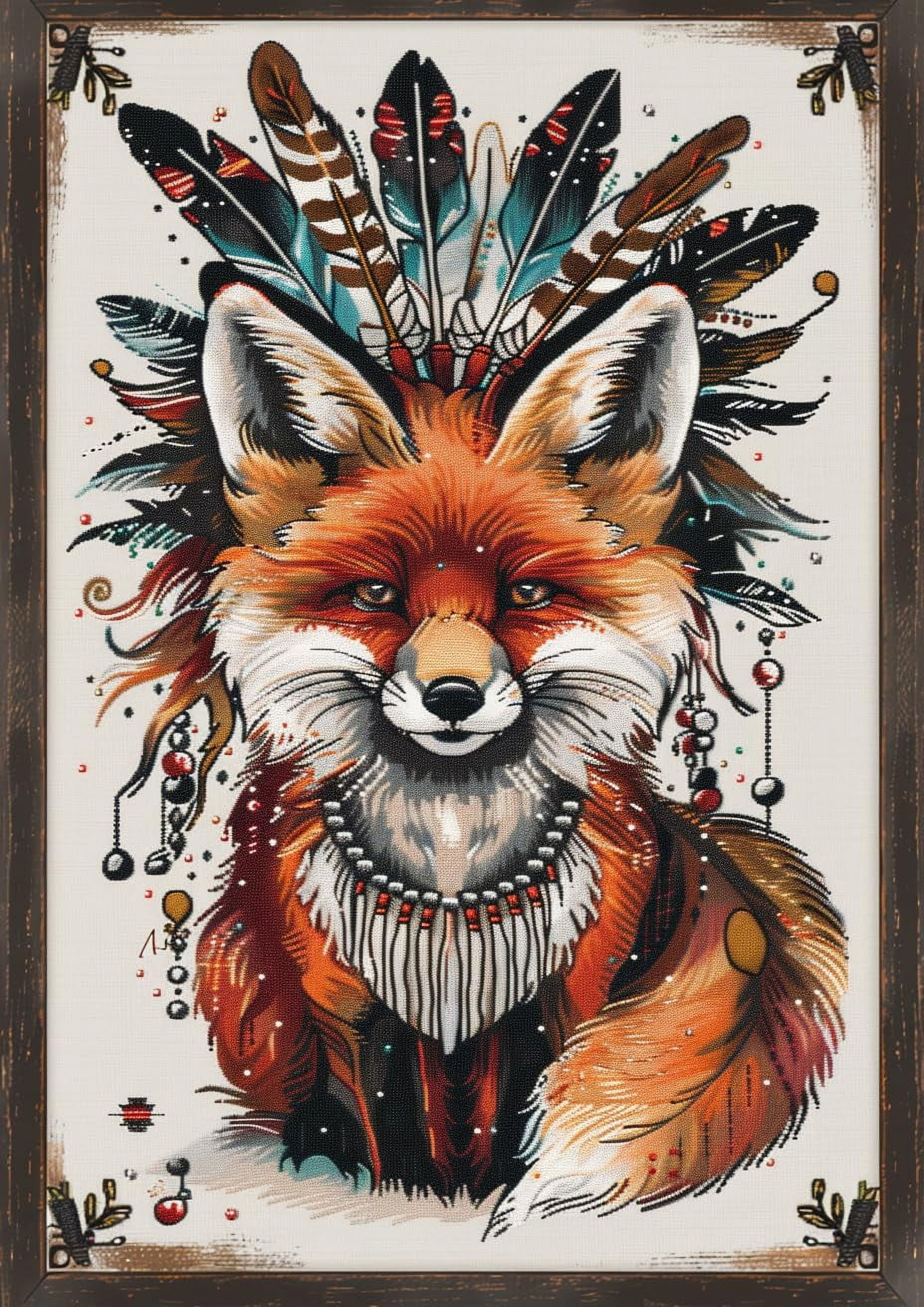 A Cute Fox with Indian Feather Headdress DIY 11CT Stamped Cross Stitch ...