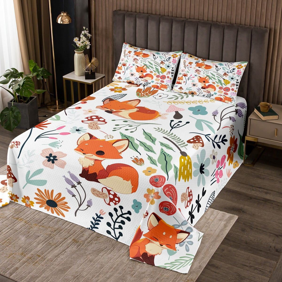 Cute Fox King Bedspread Set,Mushroom Floral Coverlet Set Cartoon Animal ...