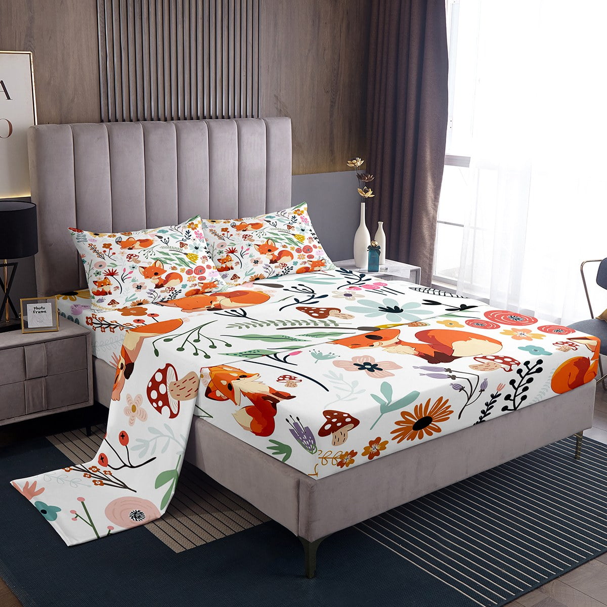 Cute Fox King Sheet Set,Mushroom Floral Sheets Cartoon Animal Bed ...