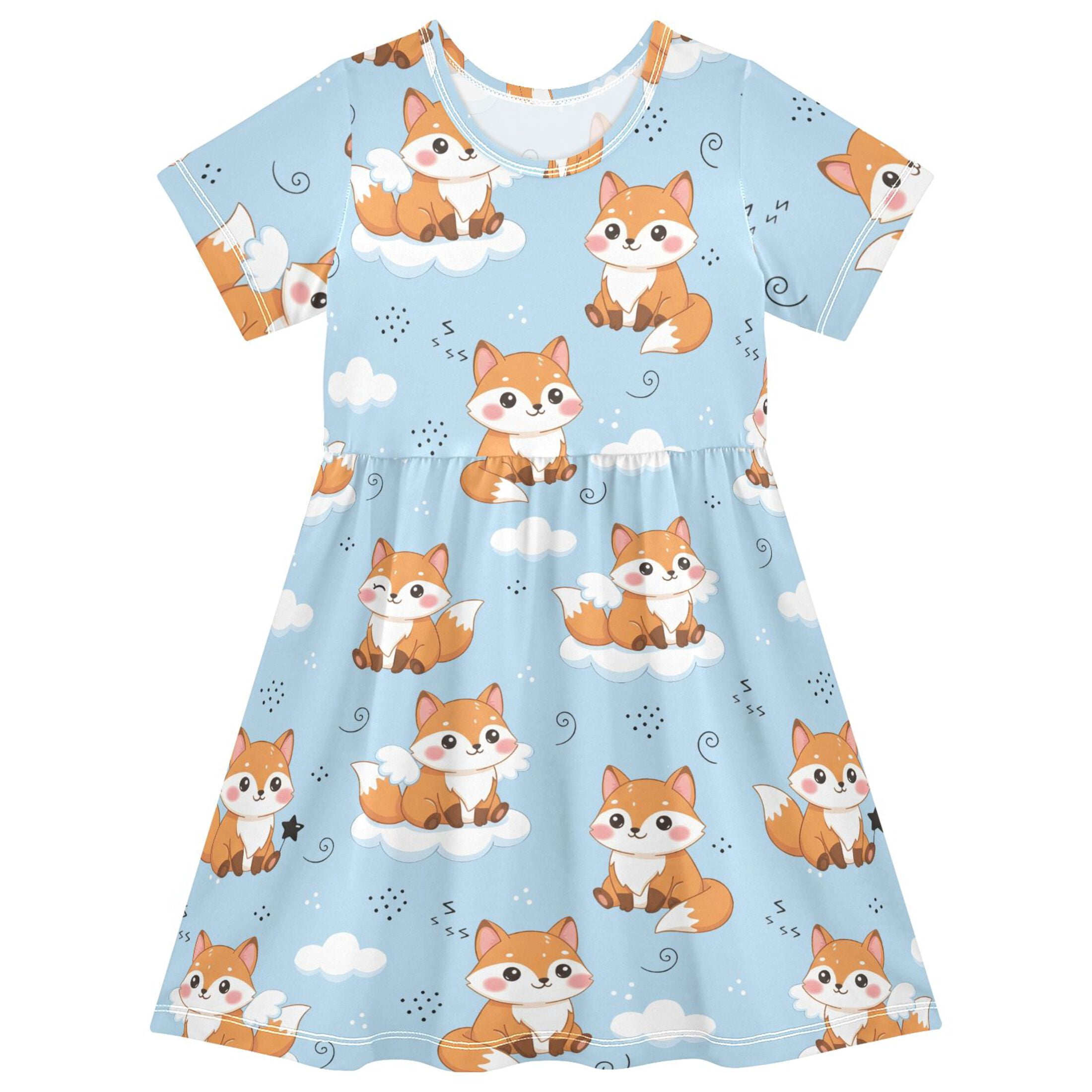 Cute Fox Pattern Girls Short Sleeve Dress A Line Sun Protection ...