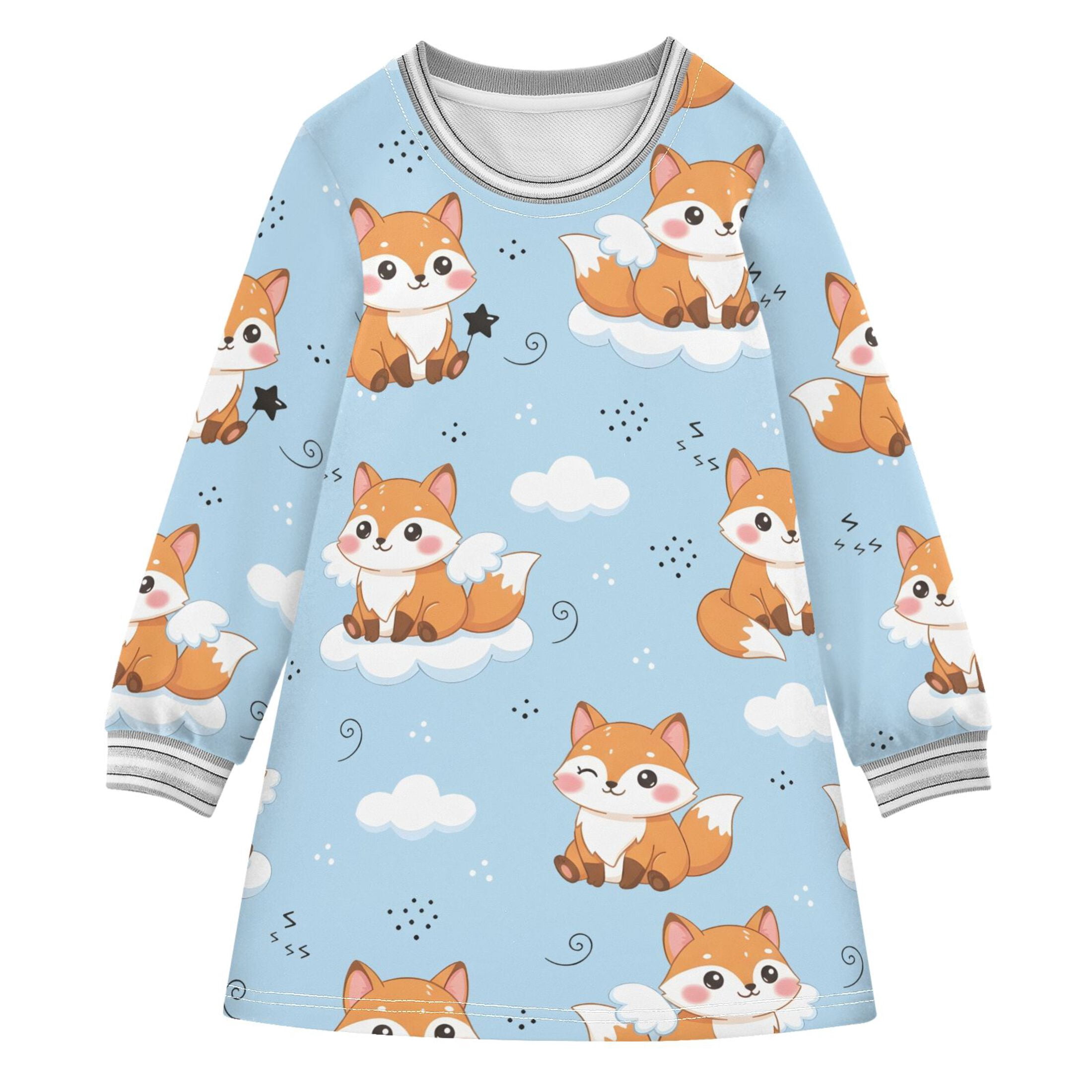 Cute Fox Pattern Girls'long-sleeved dress Thickened A-dress Warm Dress ...