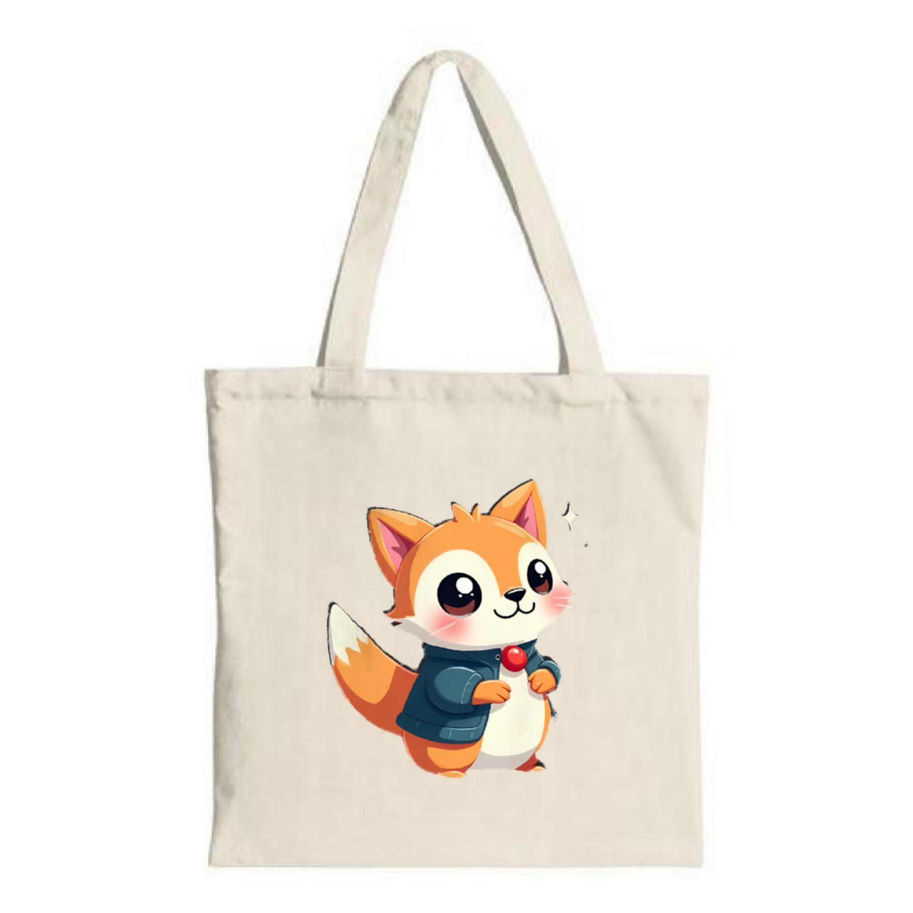 Cute Fox Tote Bag - Cartoon Design with Fox in Blue Jacket Holding Red ...