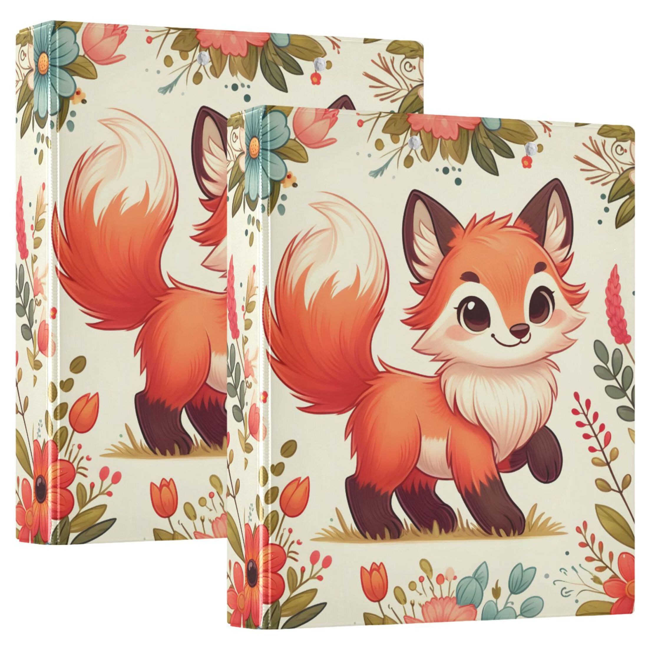 Cute Fox and Flowers Hardcover 3 Ring Binder 1.5” Round Rings Binder ...