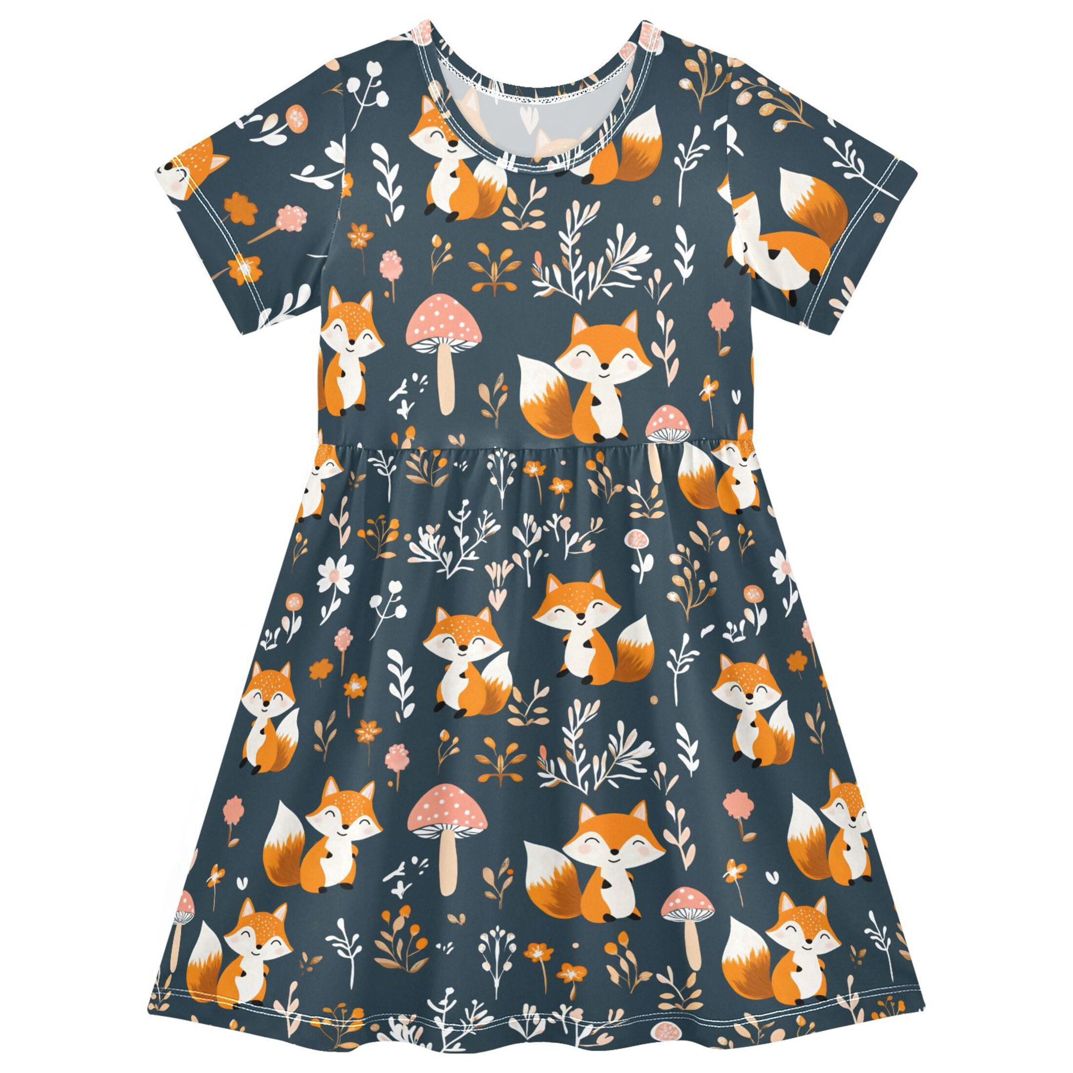 Cute Fox and Mushrooms Short Sleeve Dress A-Line Cute Midi Casual ...
