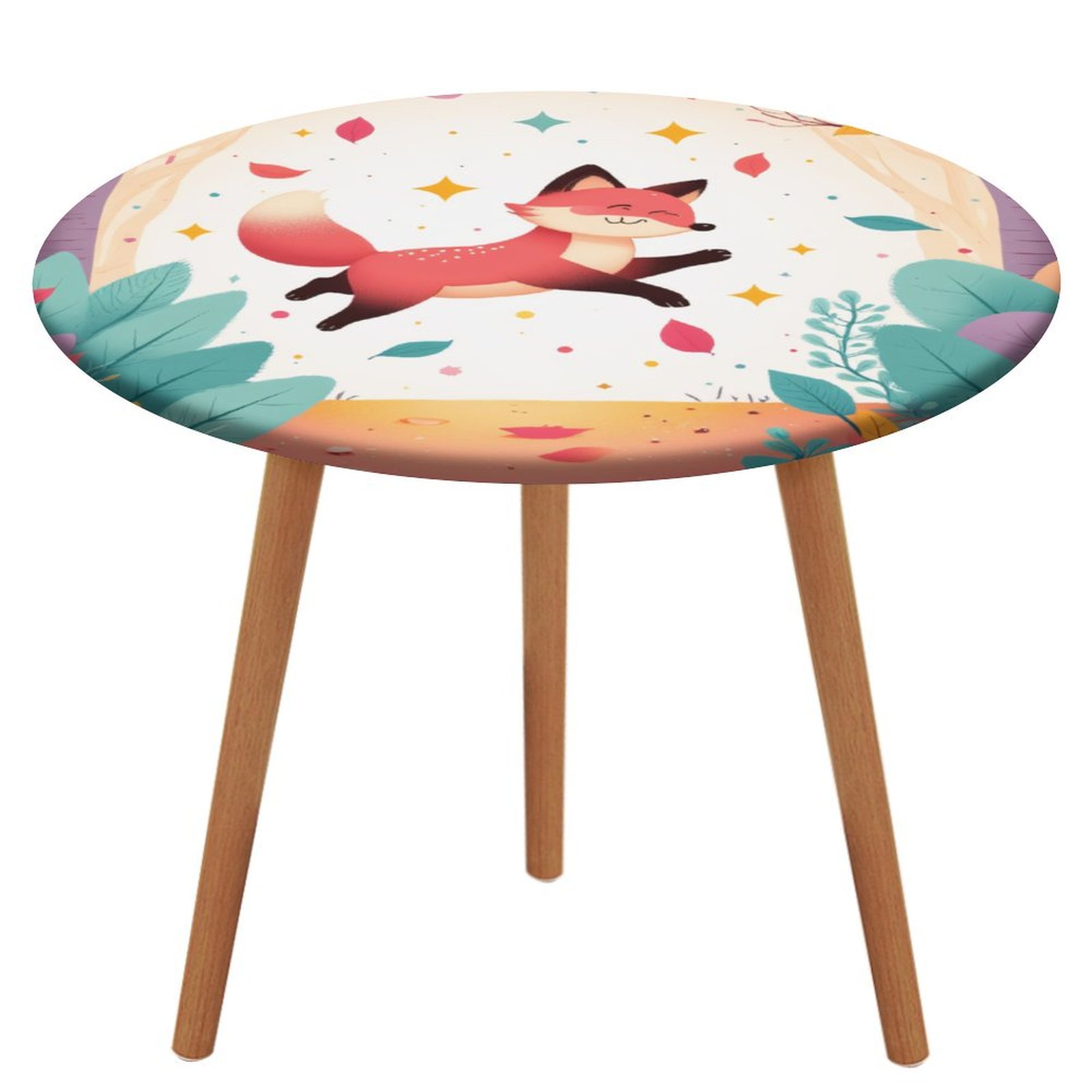 Cute Fox in Autumn Forest Pattern Round Tablecloth Waterproof Elastic ...
