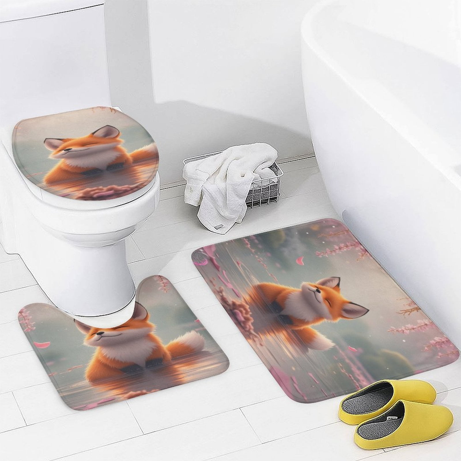 Cute Fox in Cherry Blossom Pond Bathroom Mats Sets 3 Piece, Bath Mat ...