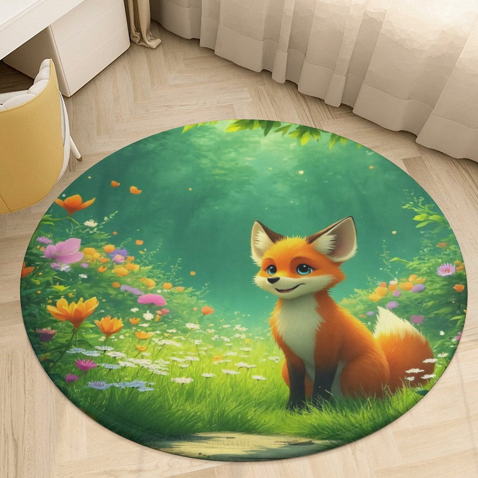 Cute Fox in Enchanted Forest Round Area Rugs for Bedroom Living Room ...