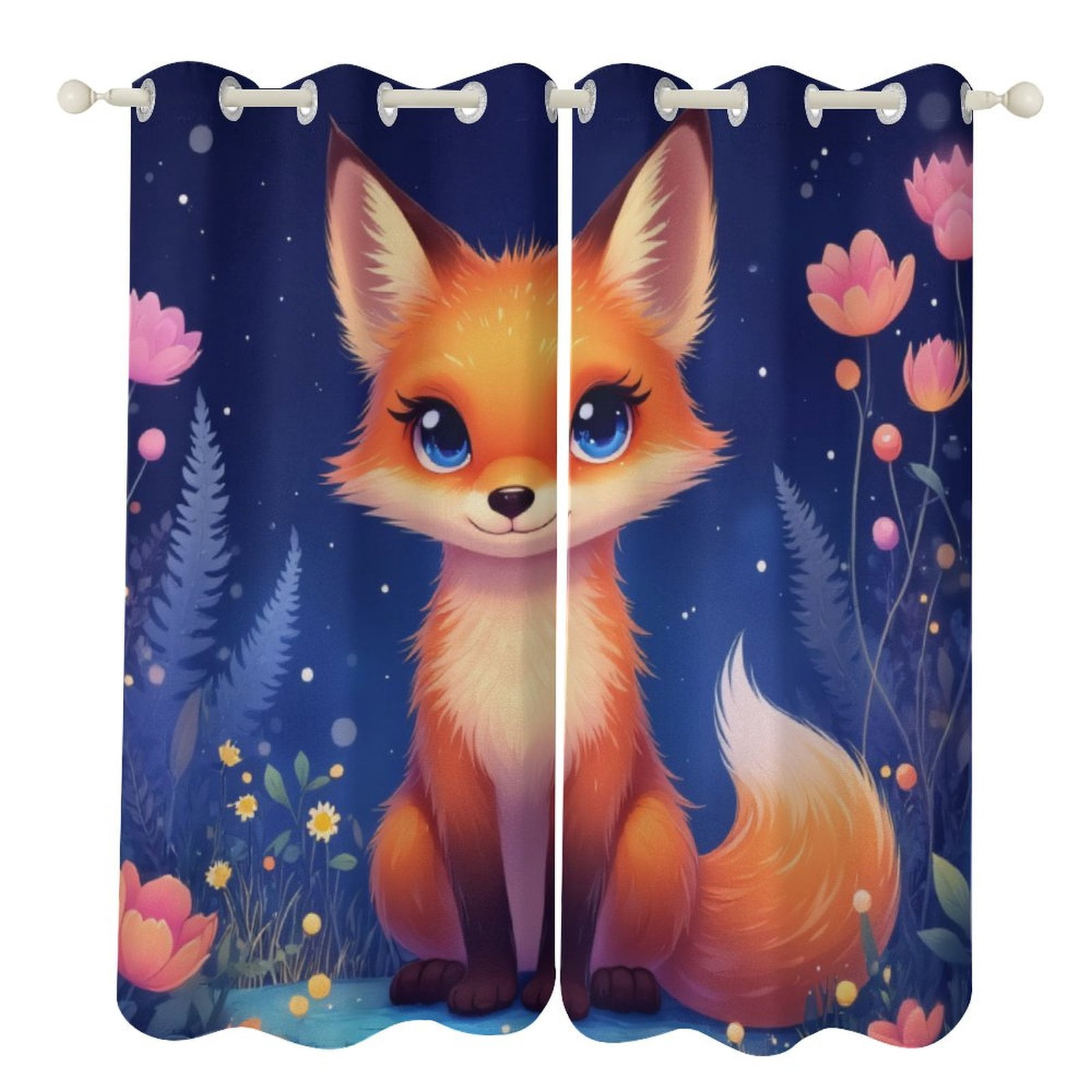 Cute Fox in Floral Night Luxury Window Curtains Blinds for Living Room ...