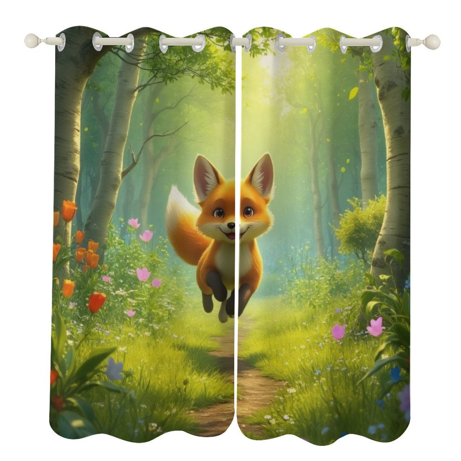 Cute Fox in Spring Forest 2 Panels Curtains for Bedroom Living Room ...