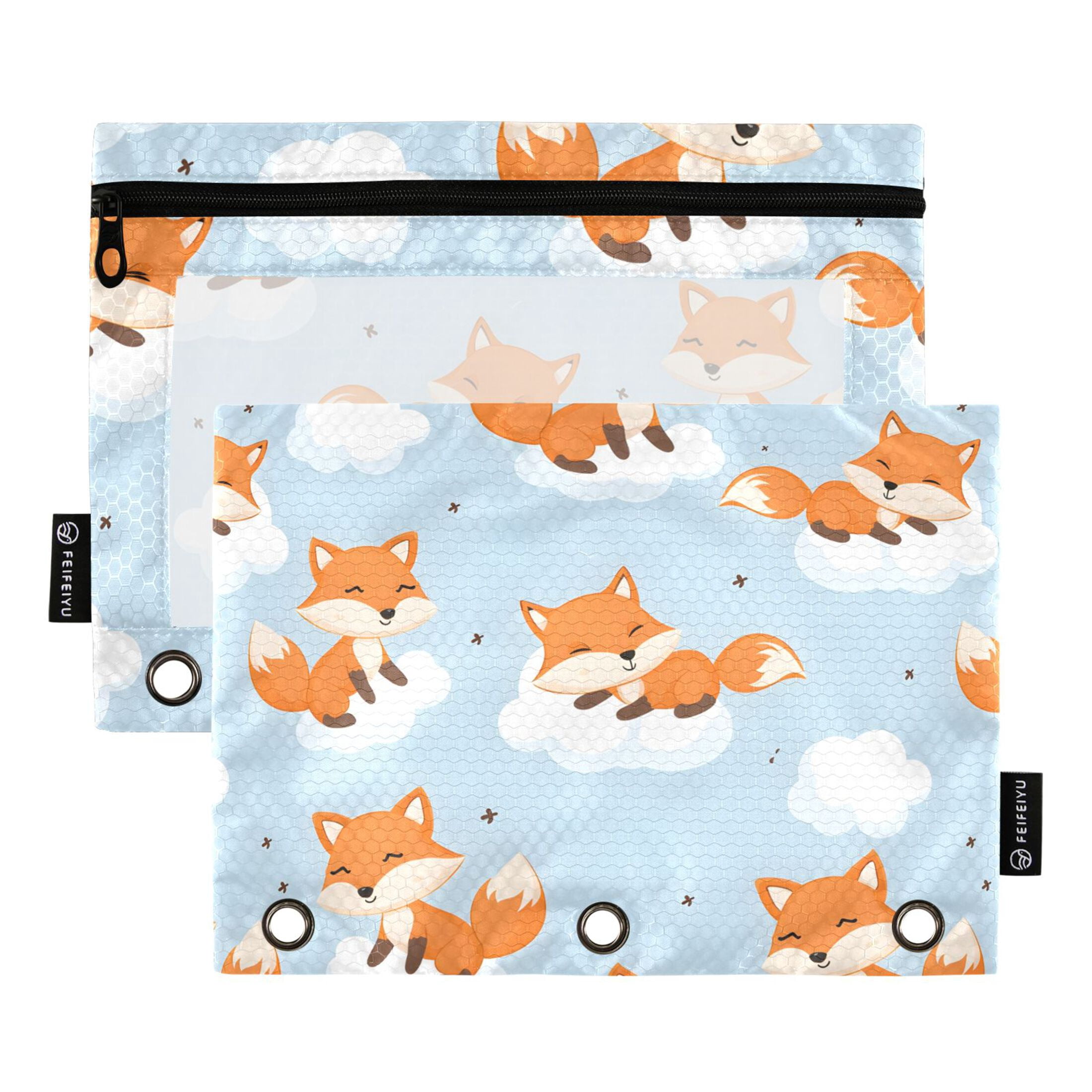 Cute Fox on Clouds 2 Pack Pencil Pouch for 3 Ring Binder Smooth Zipper ...