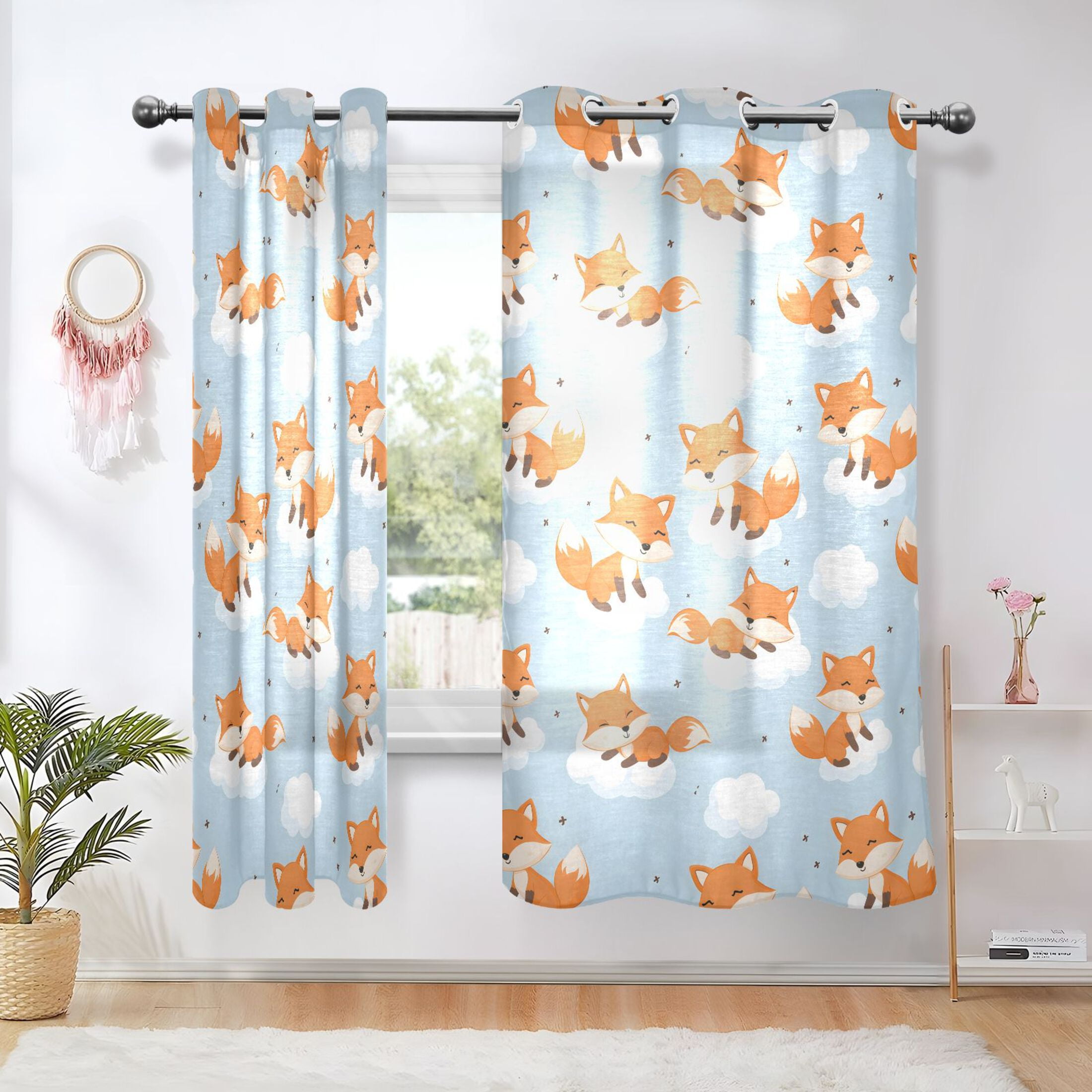Cute Fox on Clouds Sheer Curtains 2 Panels Set Grommet Drapes for ...