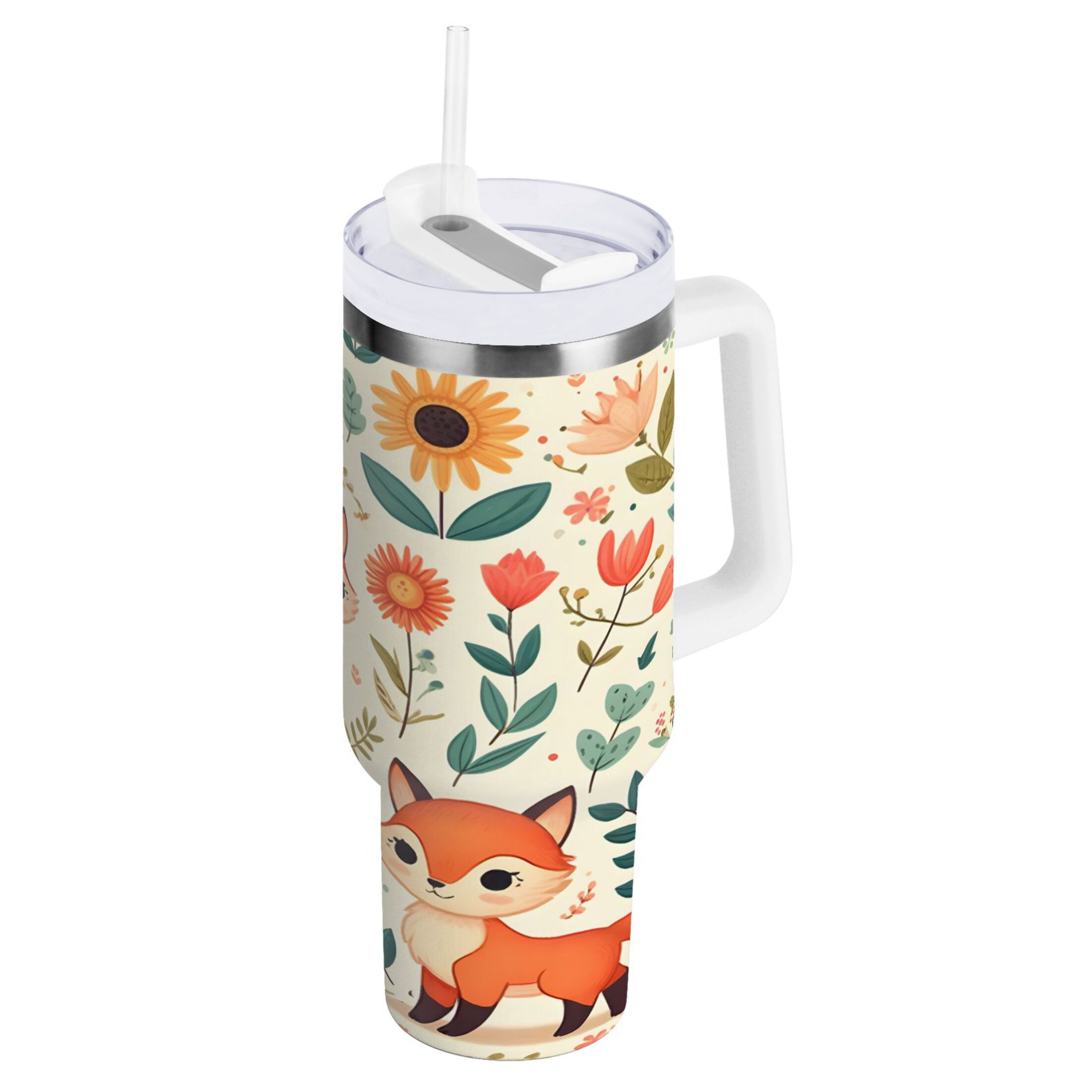 Cute Foxes Flower Leaf Tumbler with Handle and Straw Lid 40 oz ...