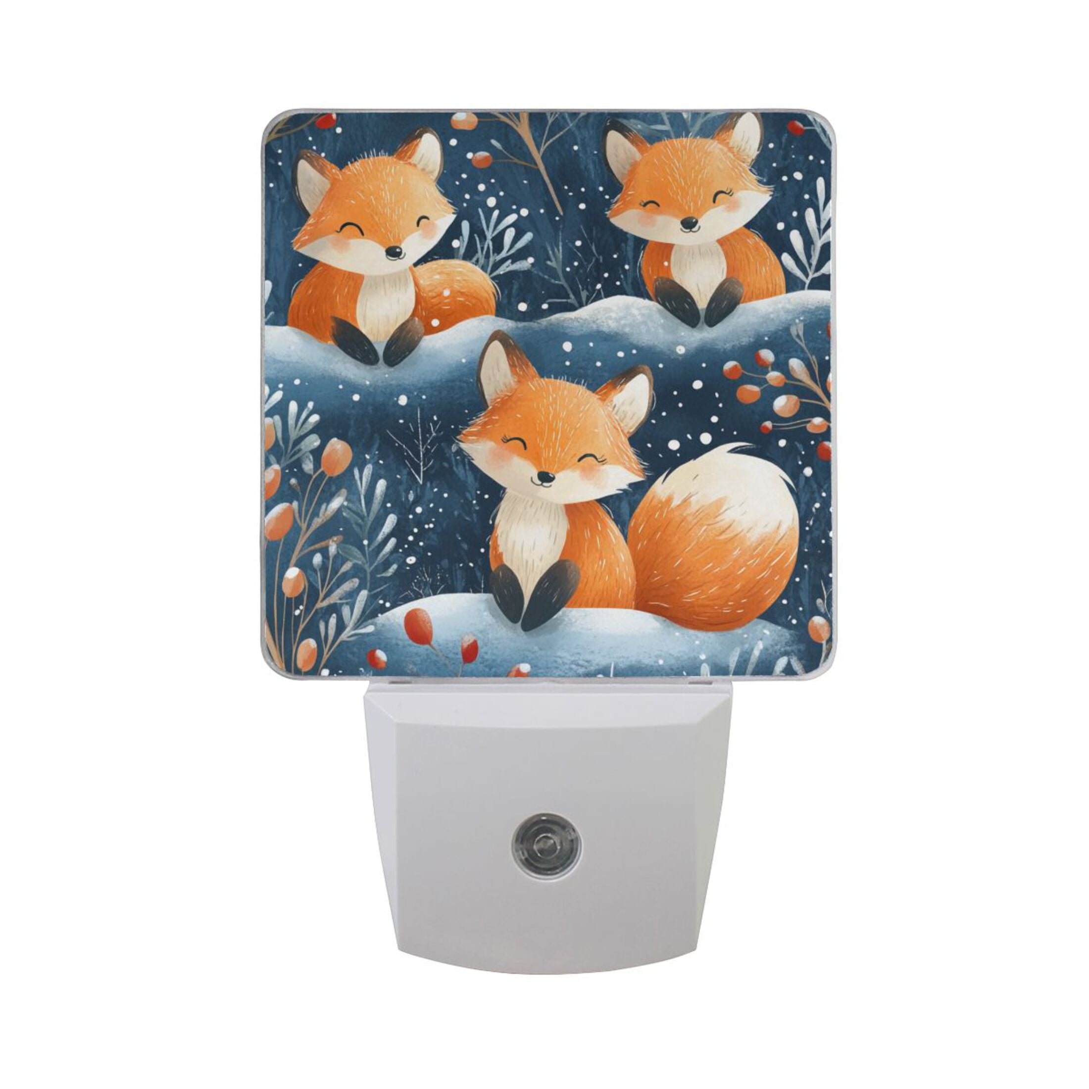 Cute Foxes in Winter Leaves Snow LED Night Light with Smart Sensor Plug ...